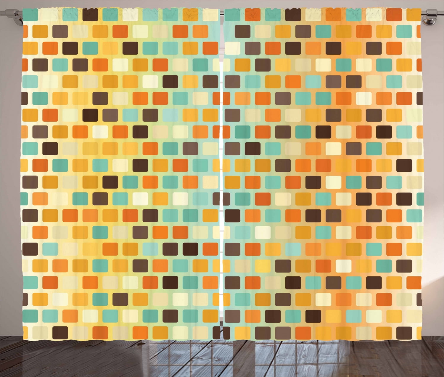 Retro Curtains 2 Panels Set Square Wall Pattern With Colorful Abstract