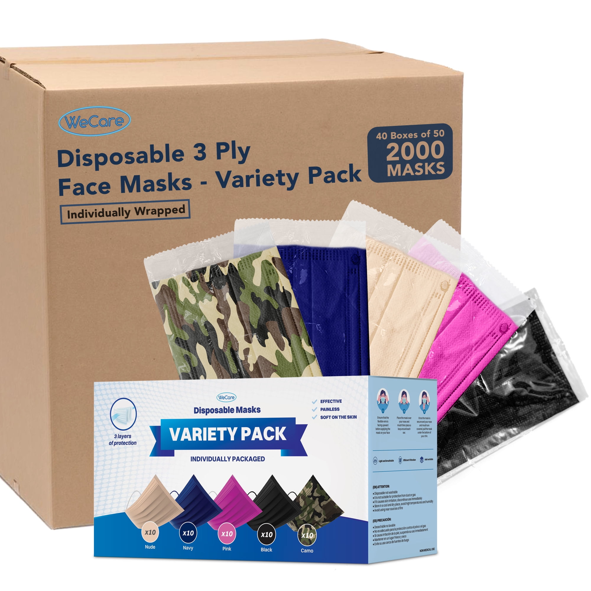(40 Pack) Disposable Face Masks 3-Ply Individually Wrapped , 50ct ...