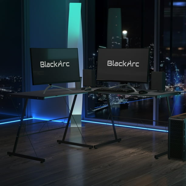 BlackArc L-Shaped Gaming Desk with 83.5" Diagonal Width Black Tempered ...