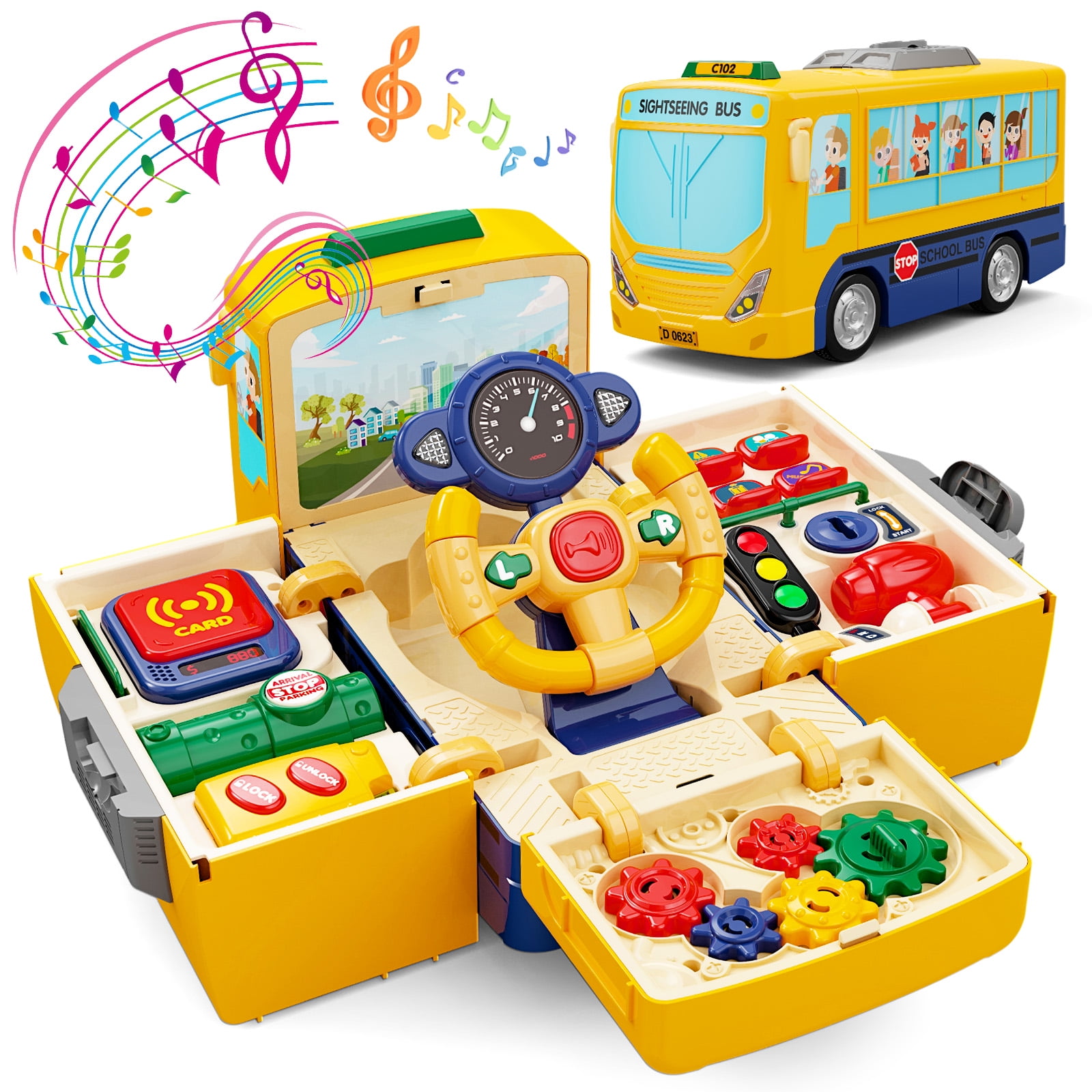 HONGTUO School Bus Toy with Sound and Light Simulation Steering Wheel ...