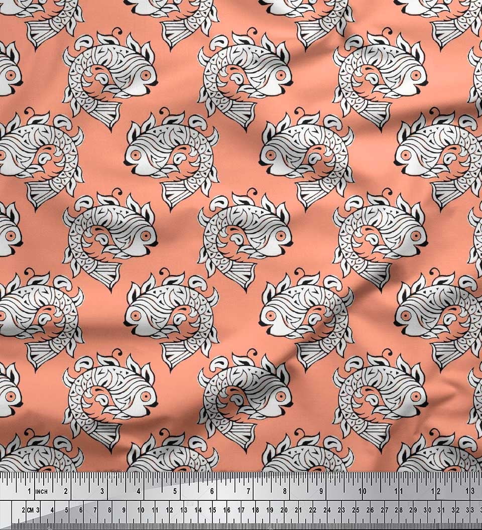 Soimoi Viscose Chiffon Fabric Fish Block Print Fabric by The Yard 42 ...
