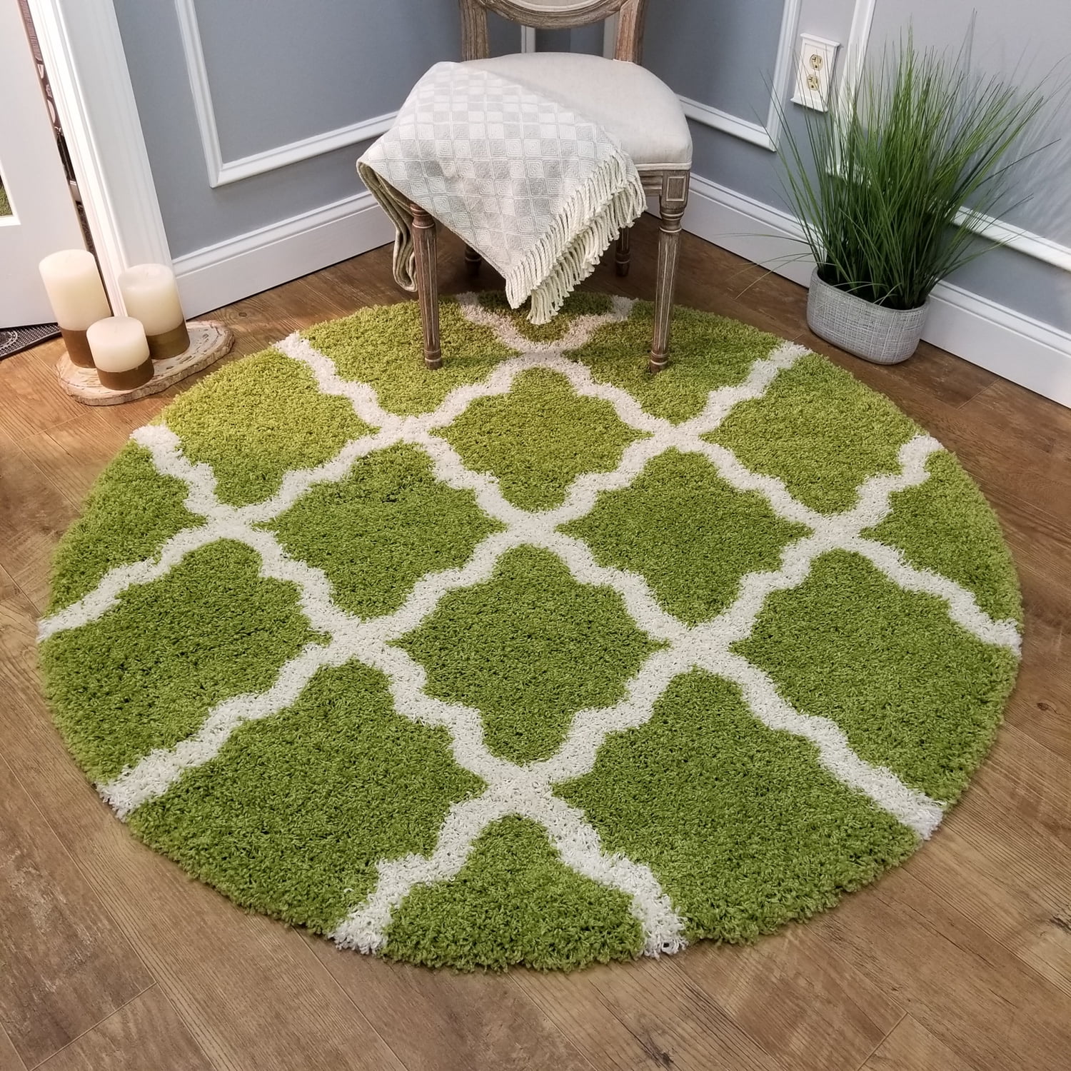 Maxy Home Bella Trellis Green 5 ft. Round Shag Area Rug - Walmart.com