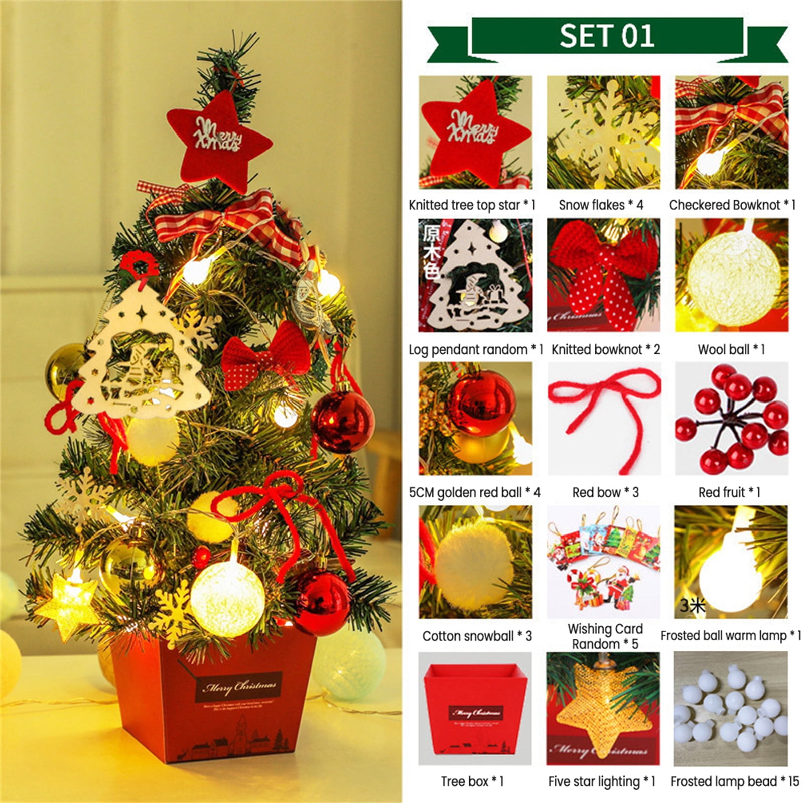 19.6" Mini Christmas Tree Set, Tabletop Artificial Christmas Tree, LED ...