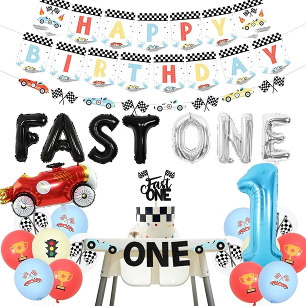 Fast One Birthday Decorations Retro Pastel Balloons, Race Car Happy ...