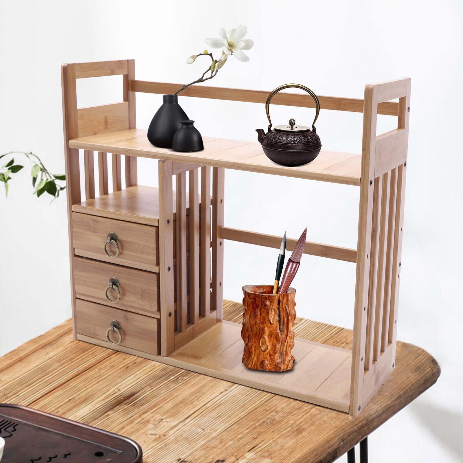 DENEST Wooden Desktop Bookshelf Organizer Storage Rack with 3 Drawers ...