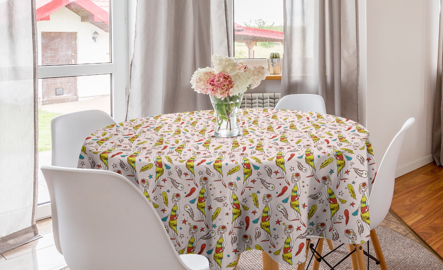 Retro Round Tablecloth, Flapper Girl in Colorful Tropic Style Feathers ...