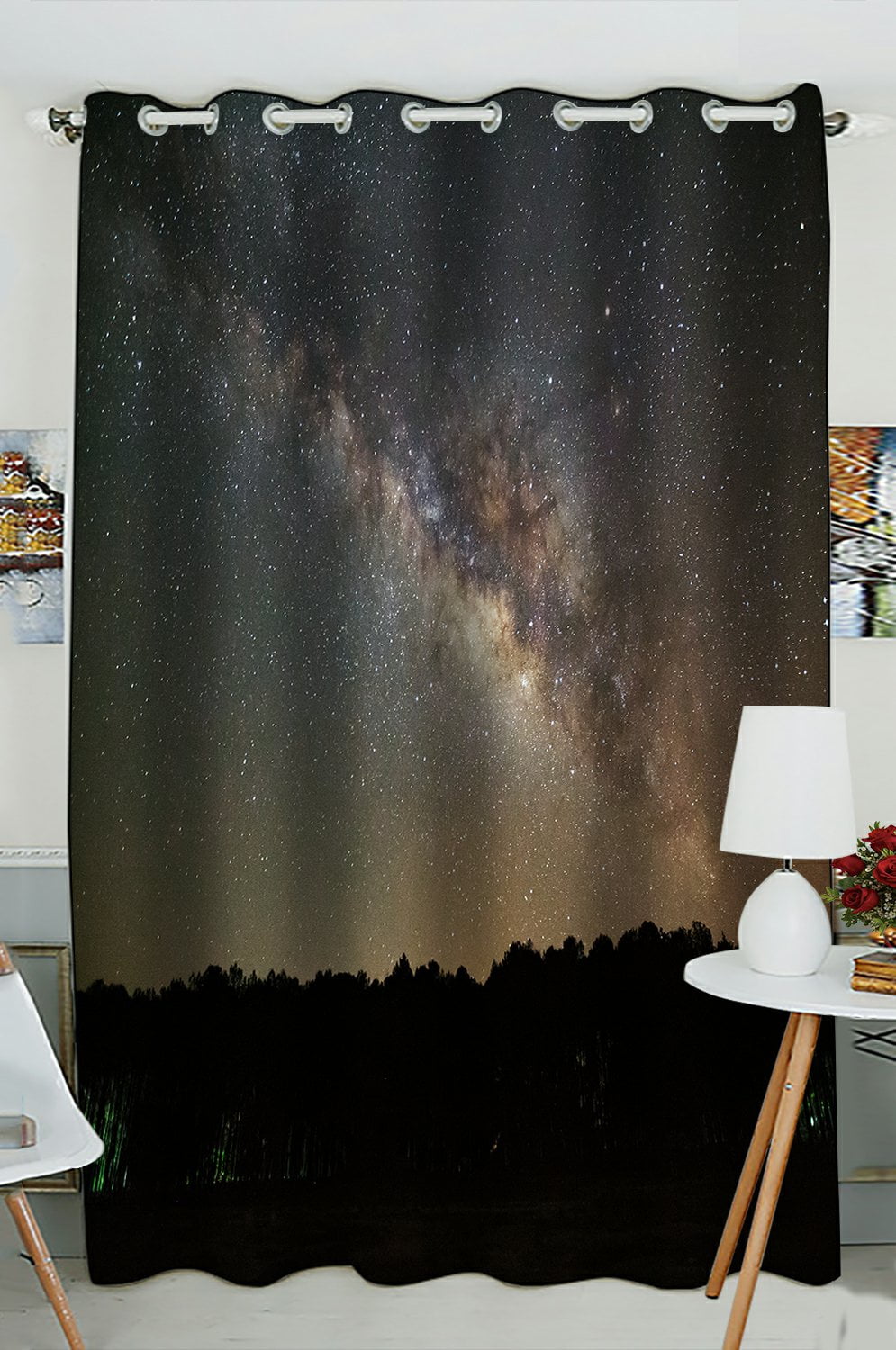 Phfzk Night Sky Window Curtain, The Milky Way Trees Forest Window ...