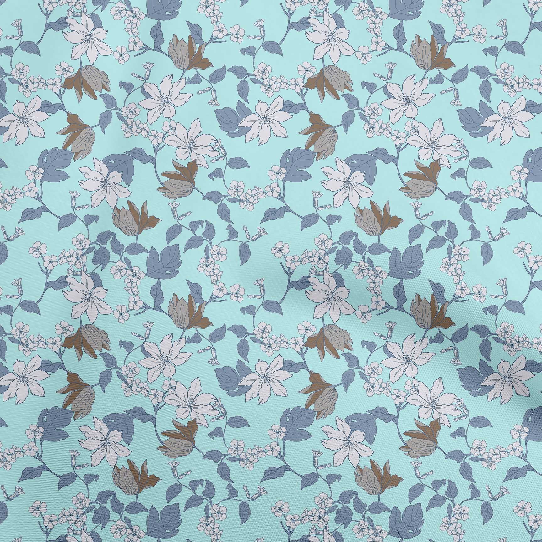 oneOone Cotton Silk Turquoise Blue Fabric Tropical Leaf Fabric For ...