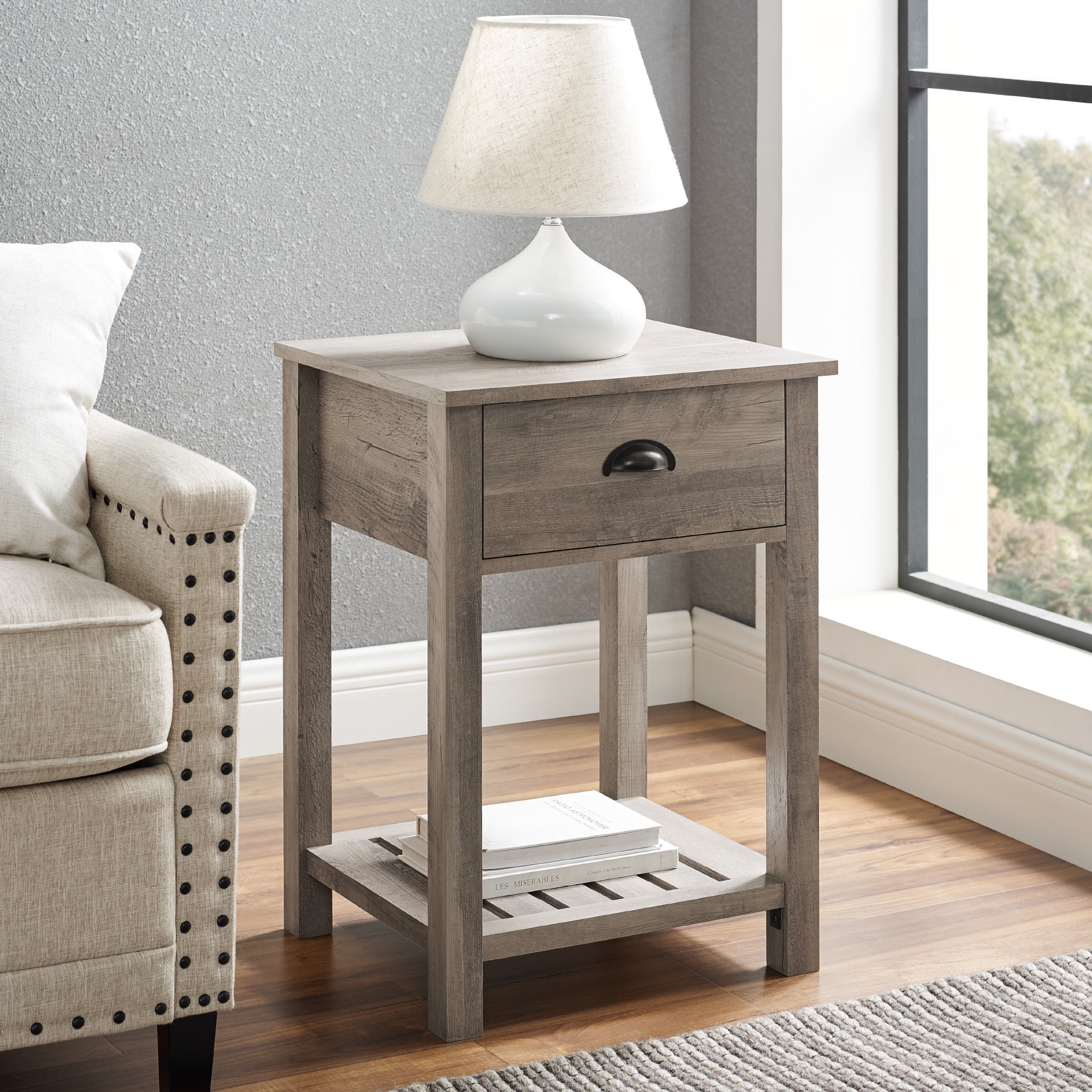 Woven Paths Farmhouse Single Drawer Open Shelf End Table, Grey Wash ...