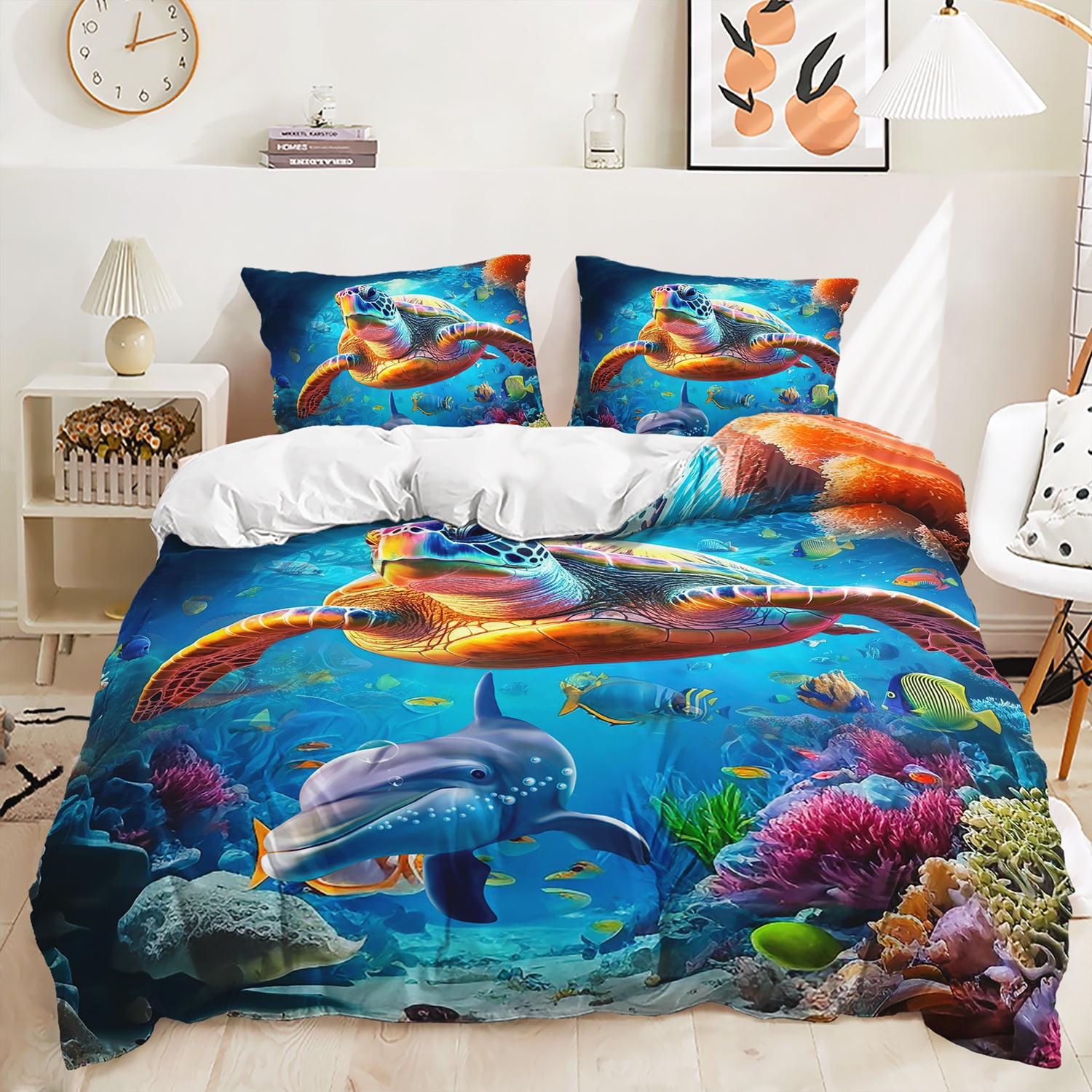 Hosima 3-piece 3D Digital Printed Duvet Cover, Turtle Dolphin Blue ...