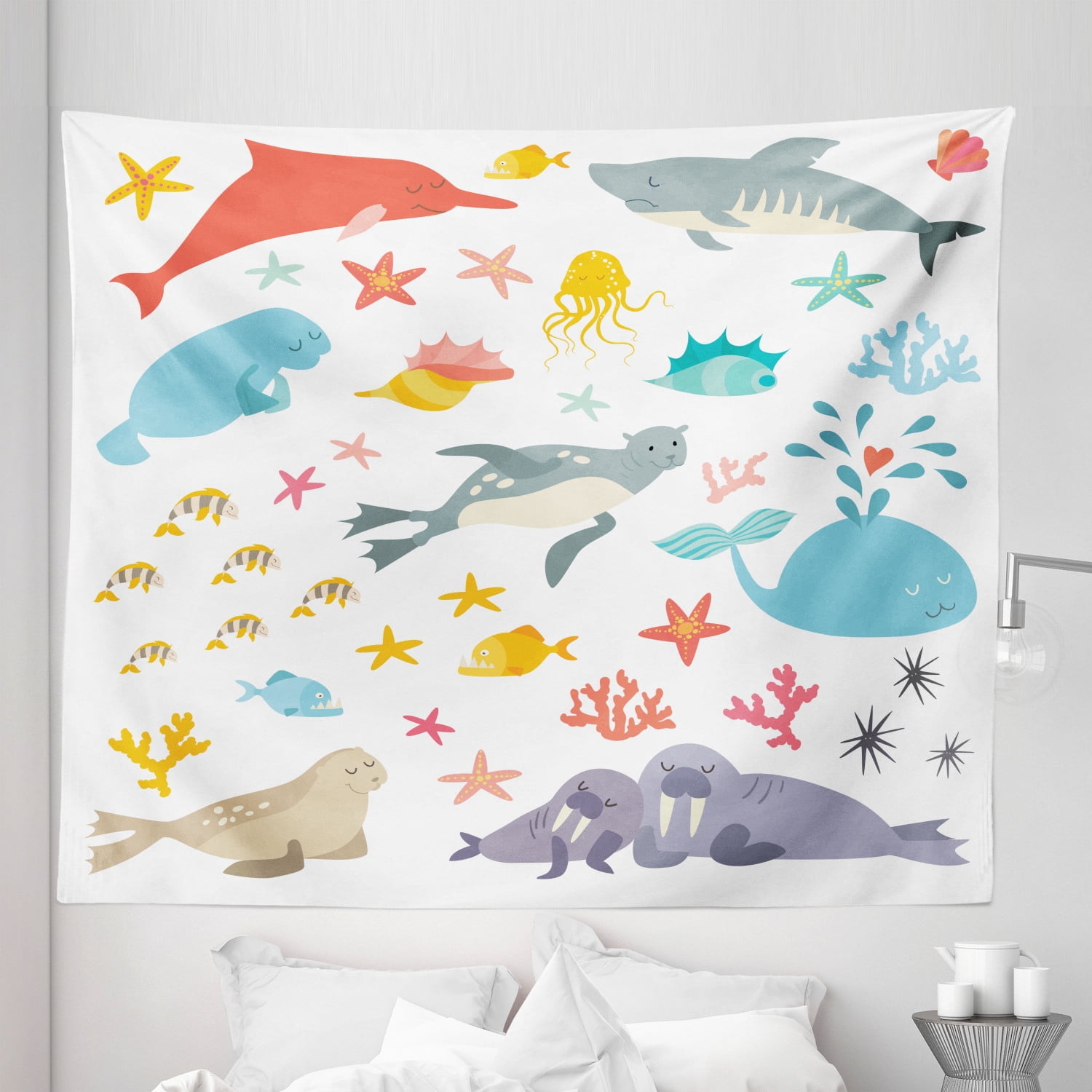 Fish Tapestry, Whale Squid Sea Lion Shark Jellyfish Clownfish Dolphin ...