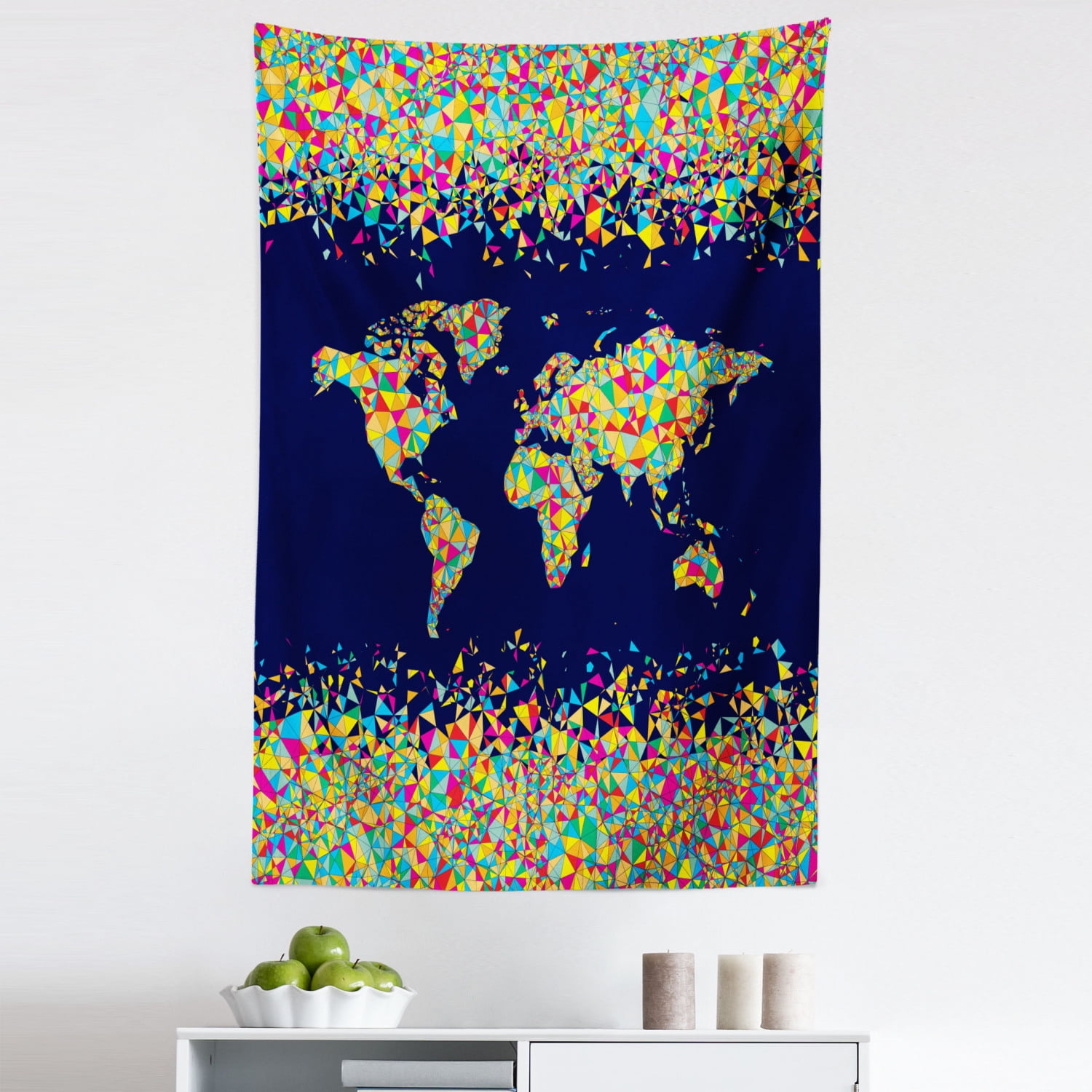 World Map Tapestry, World Map Organized by Mosaics Print Global Vibrant ...