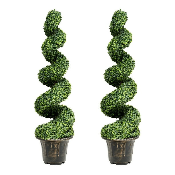 Gymax 2Pcs 4FT Artificial Boxwood Spiral Tree W/Realistic Leaves Indoor ...