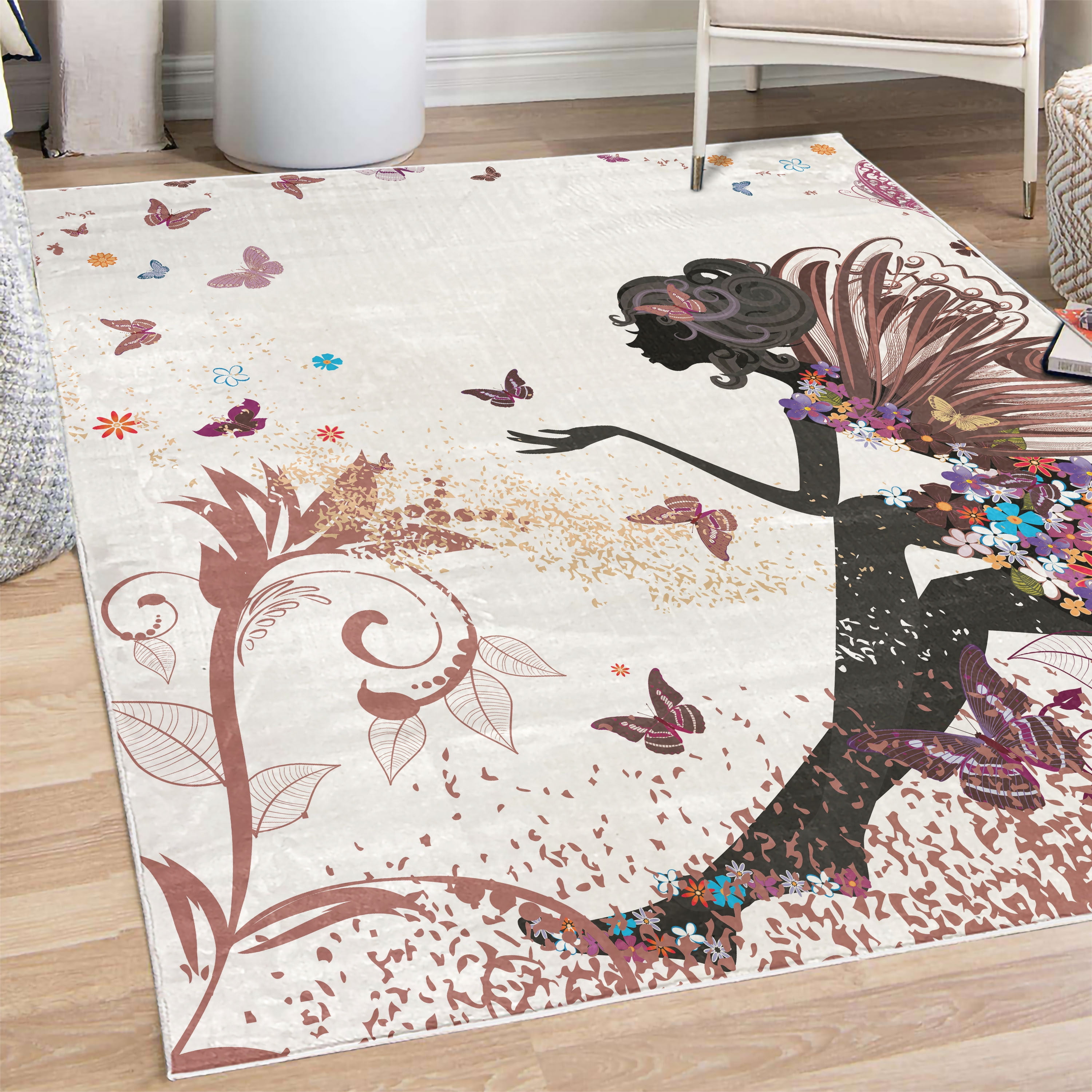 Fantasy Decorative Rug, Spring Girl Wings in a Floral Dress Surreal ...