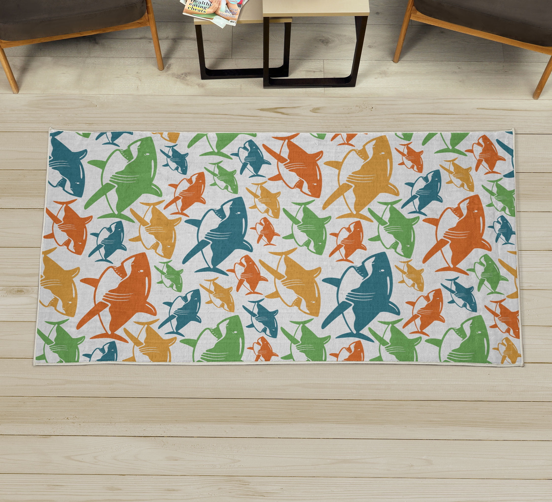 Shark Decorative Rug, Colorful Underwater Fish Pattern Masters Survival ...