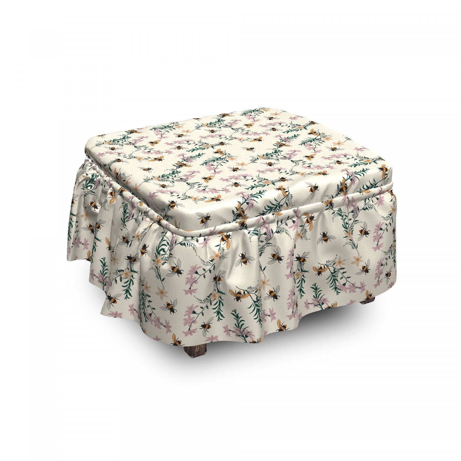 Floral Ottoman Cover, Craftwork Look Honey Bees, 2 Piece Slipcover Set ...