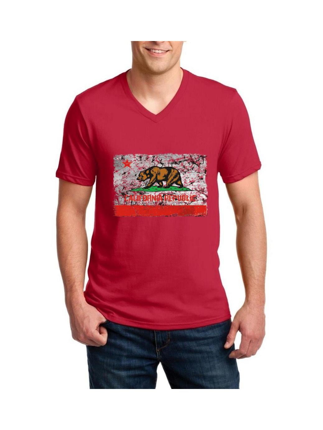 California Republic Bear Cali Flag Men V-Neck Shirts Ringspun Tee ...
