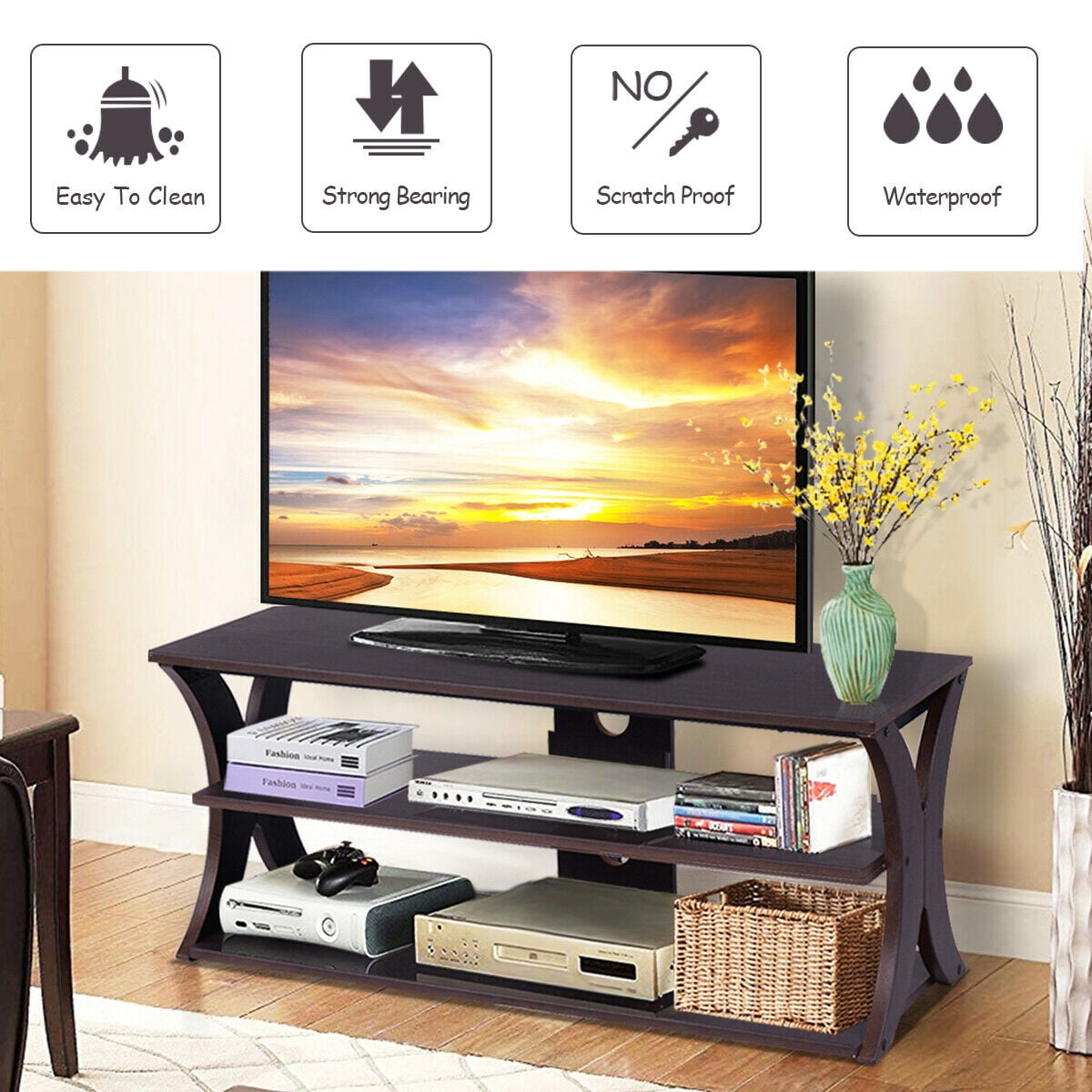 3-Tier Tempered Glass Top Media Console TV Stand Costway