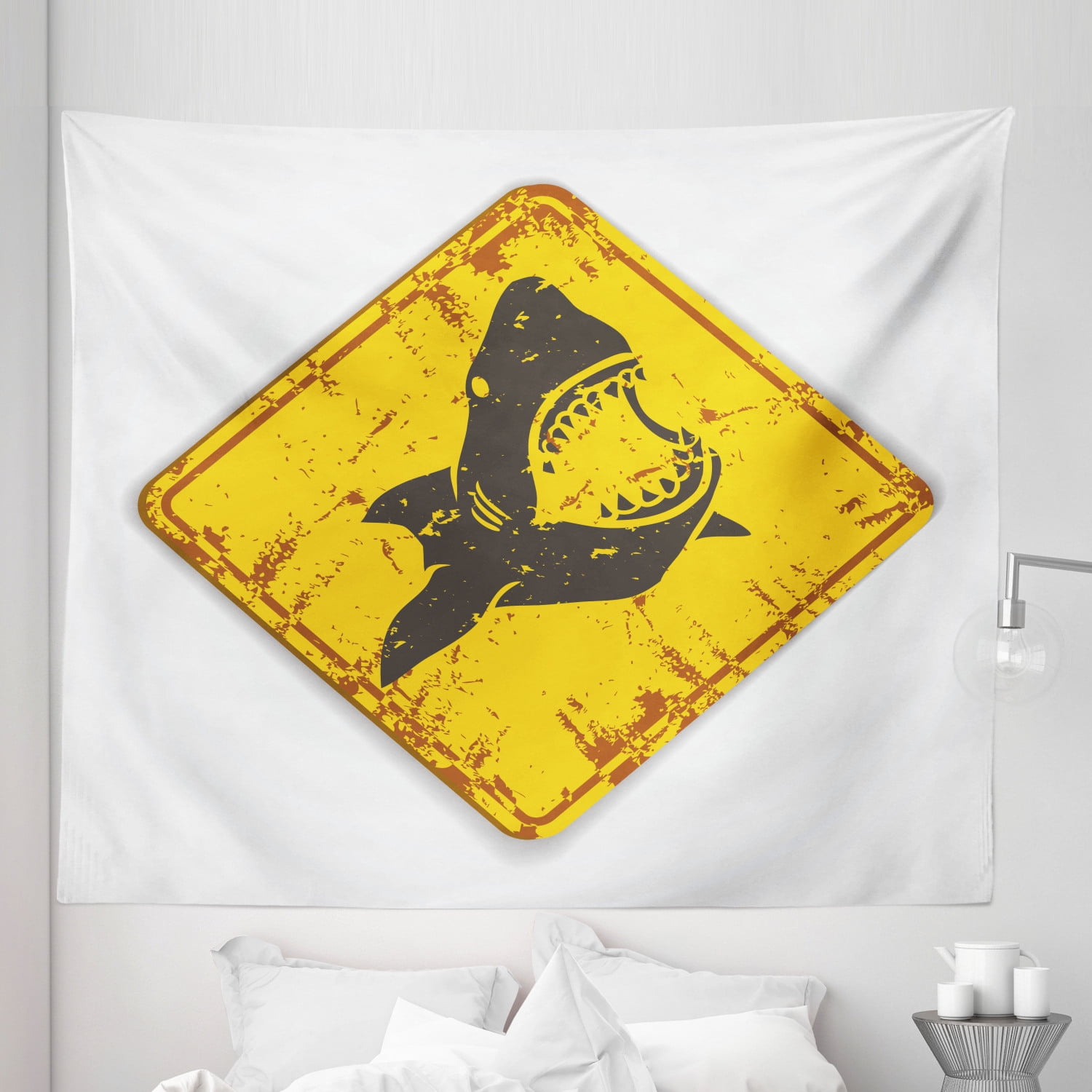 Shark Tapestry, Caution Shark Sign Sharp Teeth Animal Ocean Danger Do ...