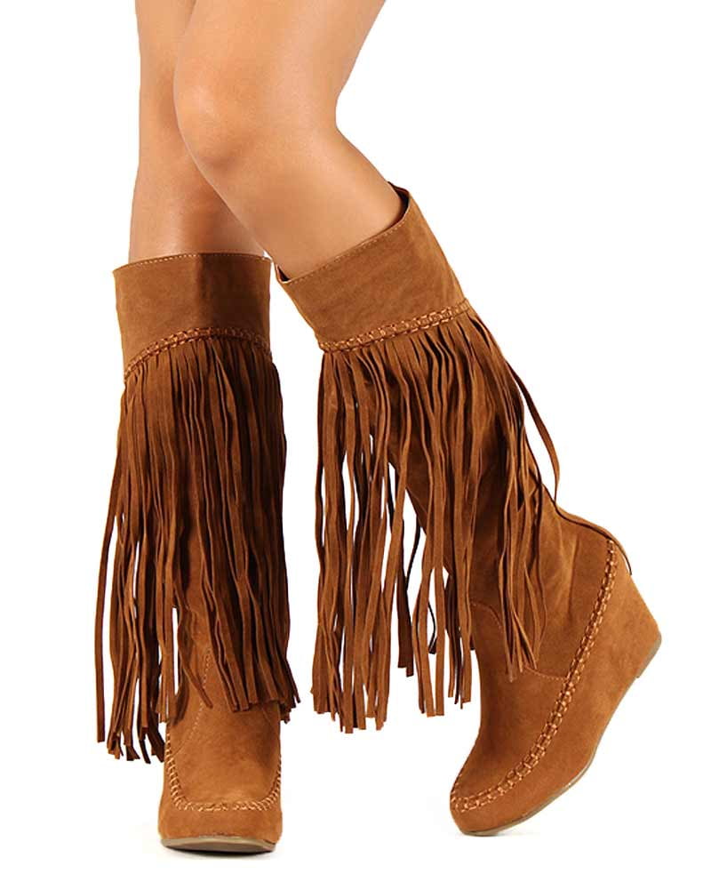 Nature Breeze BG35 Women Suede Knee High Fringe Moccasin Wedge Boot ...