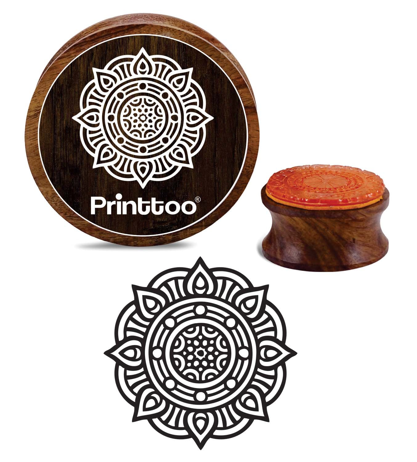 Printtoo Floral Mandala Pattern Craft Textile Wooden Round Rubber Stamp ...