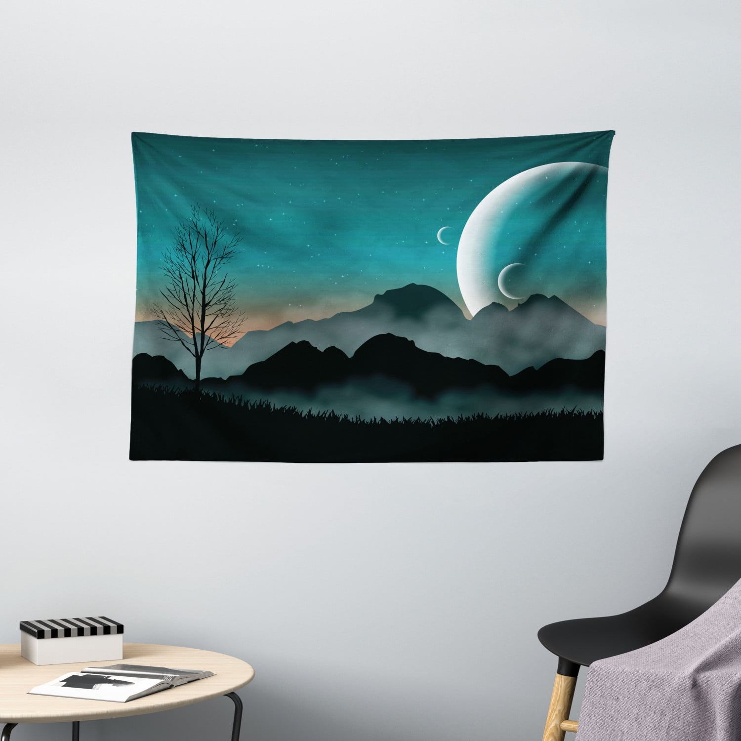 Space Tapestry, Night Sky on Mountain Range Forest Crescent Moon Star ...