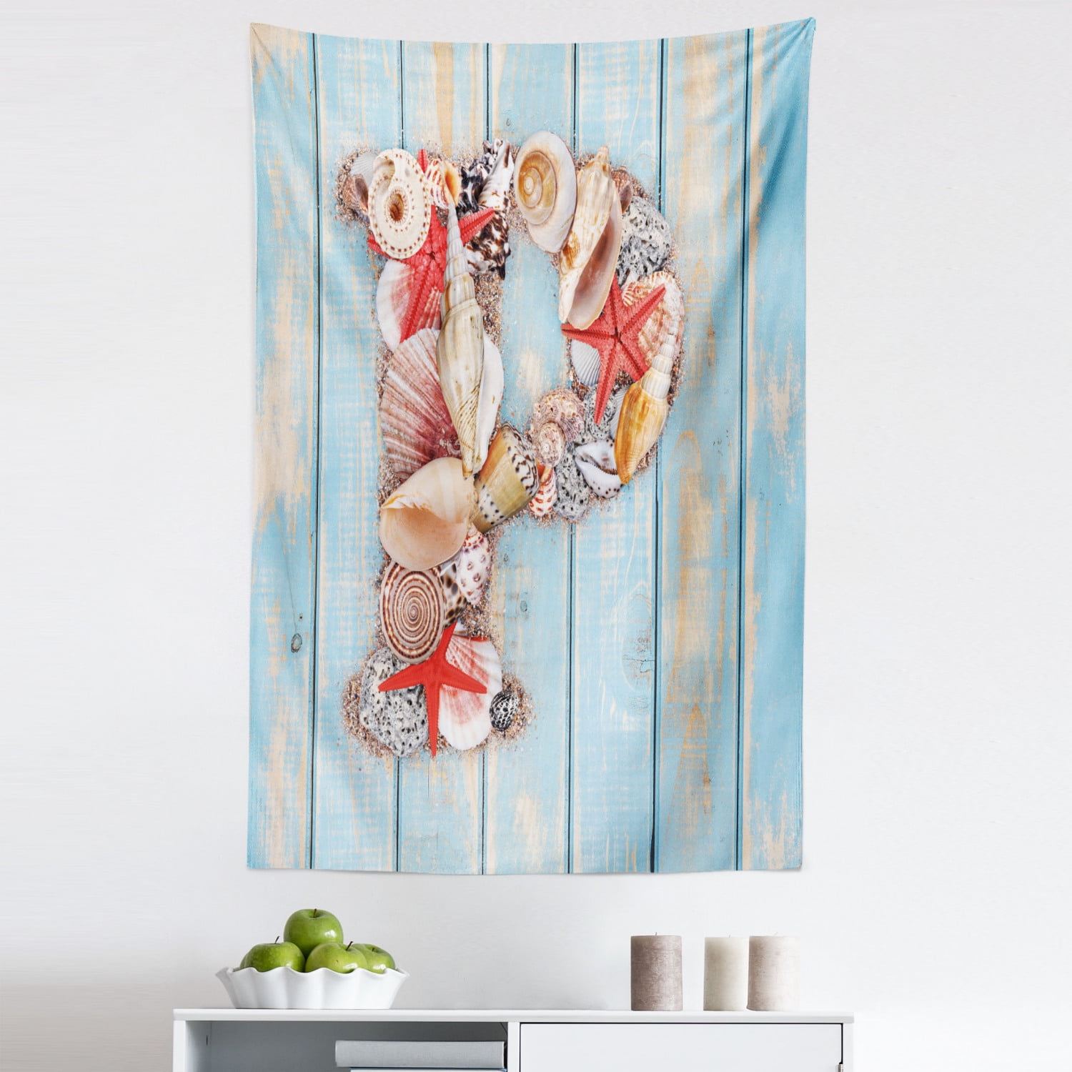 Letter P Tapestry, P Letter Alphabet with Ocean Elements Pale Blue ...