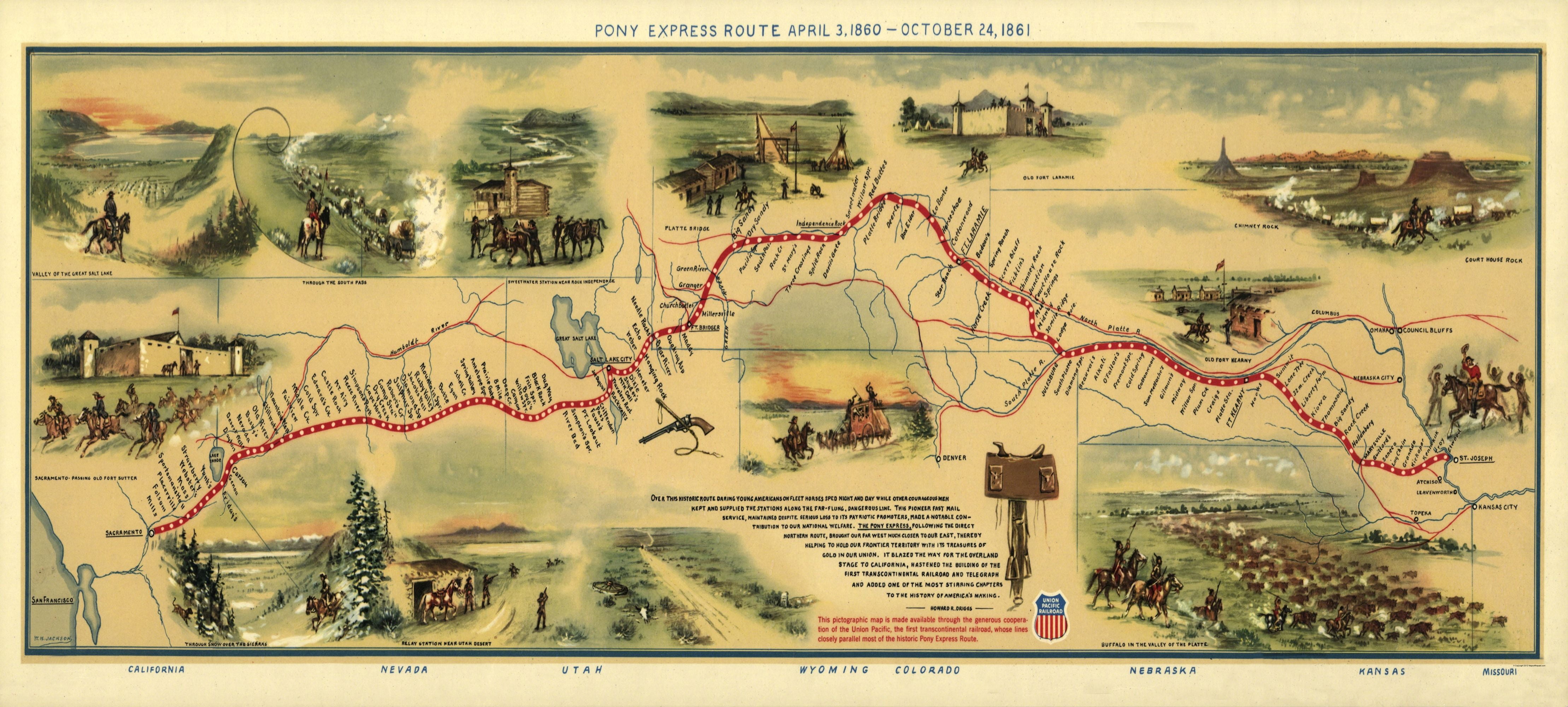Pony Express Route April 1860 - Jackson 1860 - 51 x 23 - Glossy Satin ...