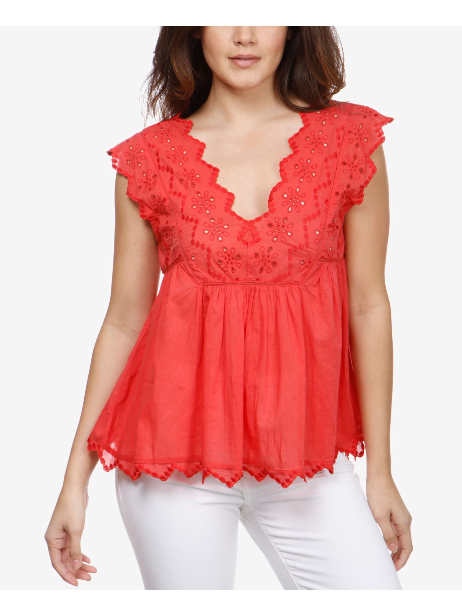 Lucky Brand LUCKY BRAND Womens Red Eyelet V Neck Peasant Top Size S