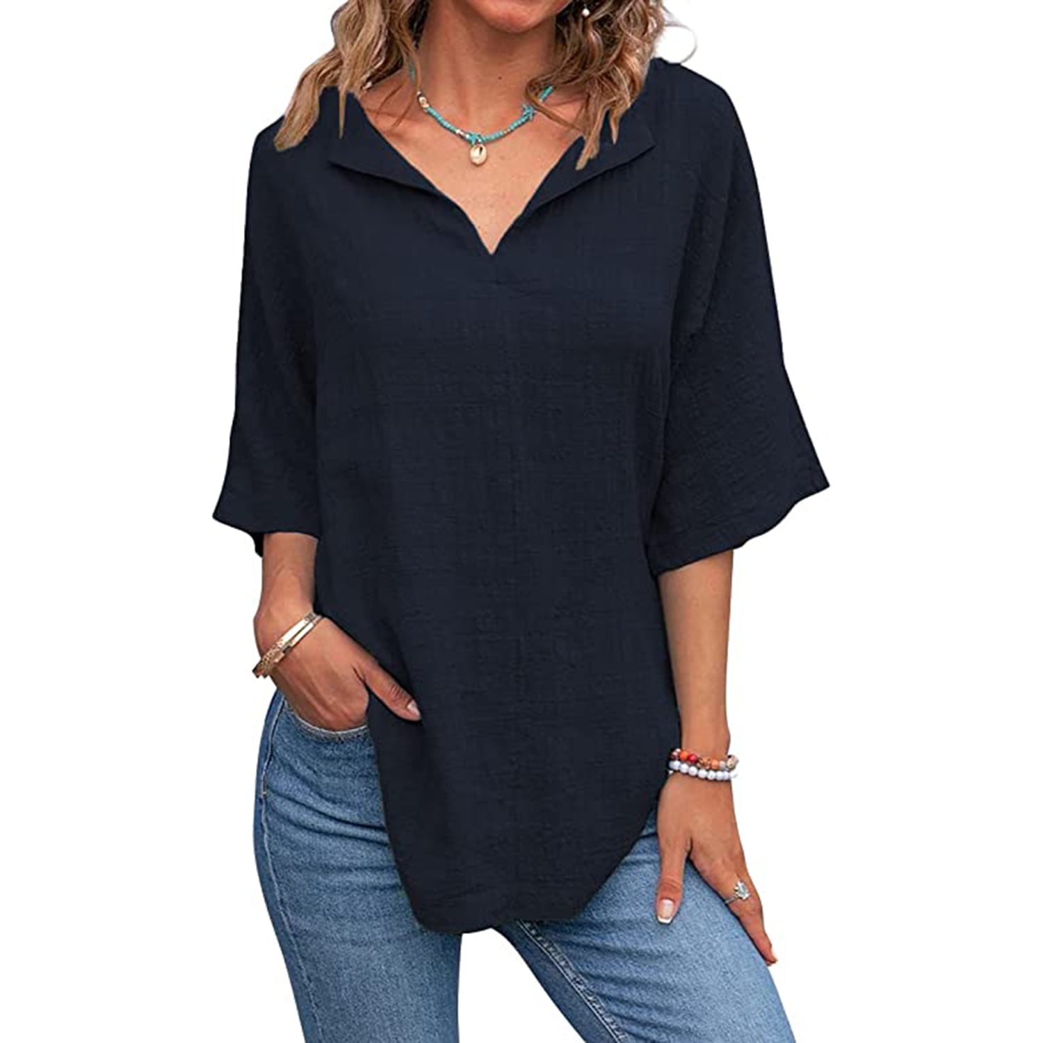 Mafulus Womens V Neck Linen Shirts Short Sleeve Natural Cotton Blouse ...