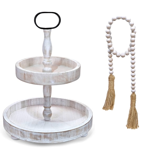 Farmhouse Tiered Tray with Beads Home Decor, Round 2 Tier Tray Cupcake ...