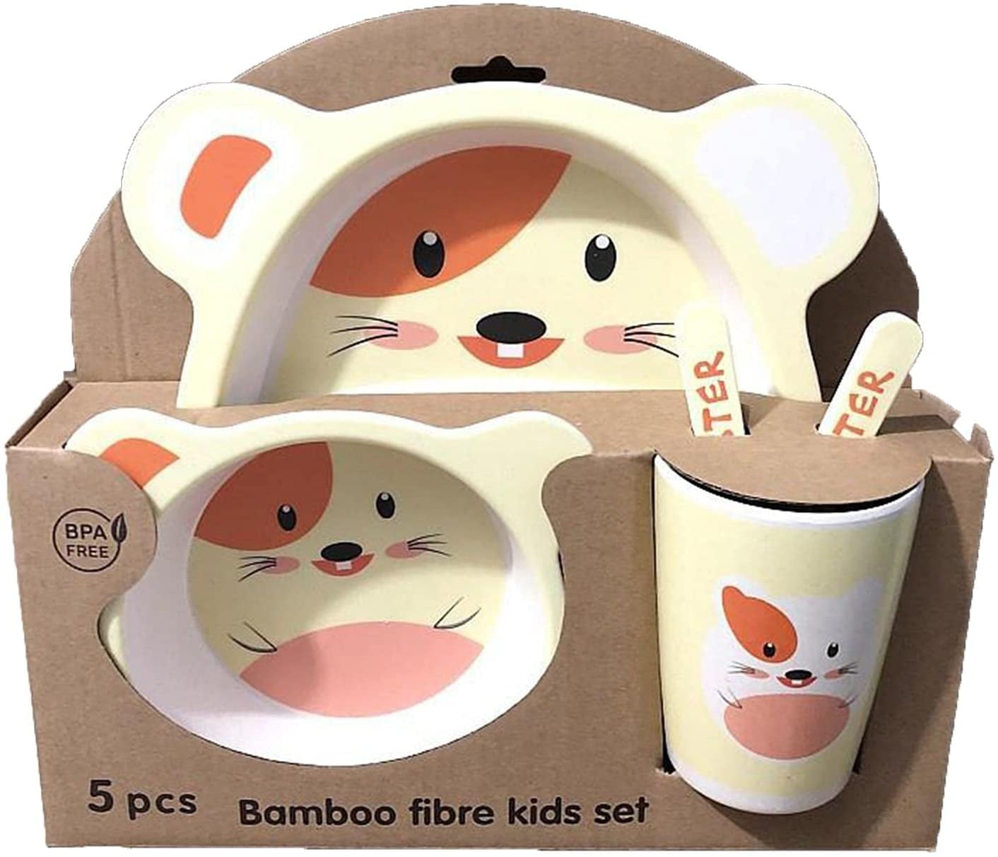Bamboo Kids Dinnerware Set with Plate, Bowl, Spoon, Fork, BPA Free ...
