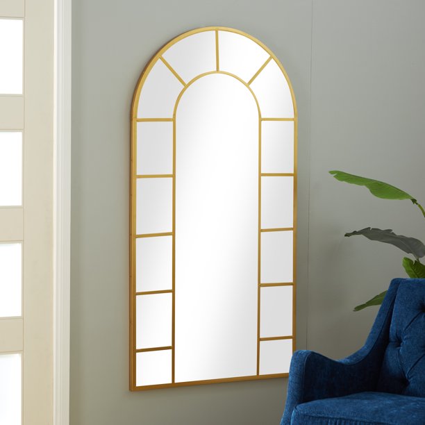 DecMode 32" x 60" Gold Window Pane Inspired Wall Mirror with Arched Top ...