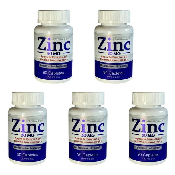 Zinc Gluconato 50mg 90 Capletas 700mg Suplemento 5 Piezas blanco ...