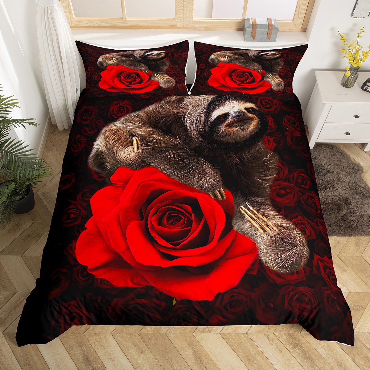 Sloth Duvet Cover Red Rose Bush Bedding Set for Boys Girls Women Adult ...