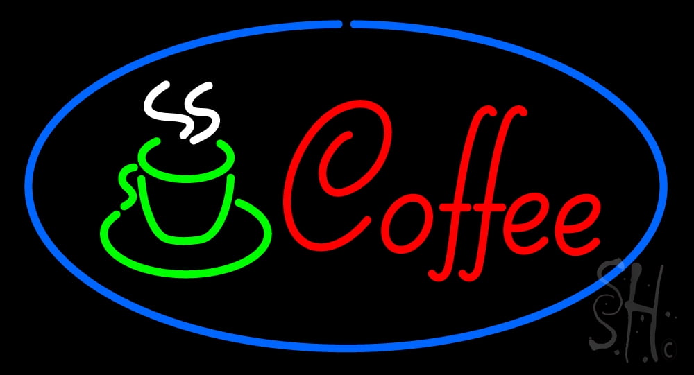 Oval Red Coffee Logo with Blue Border LED Neon Sign 13 x 24 - inches ...
