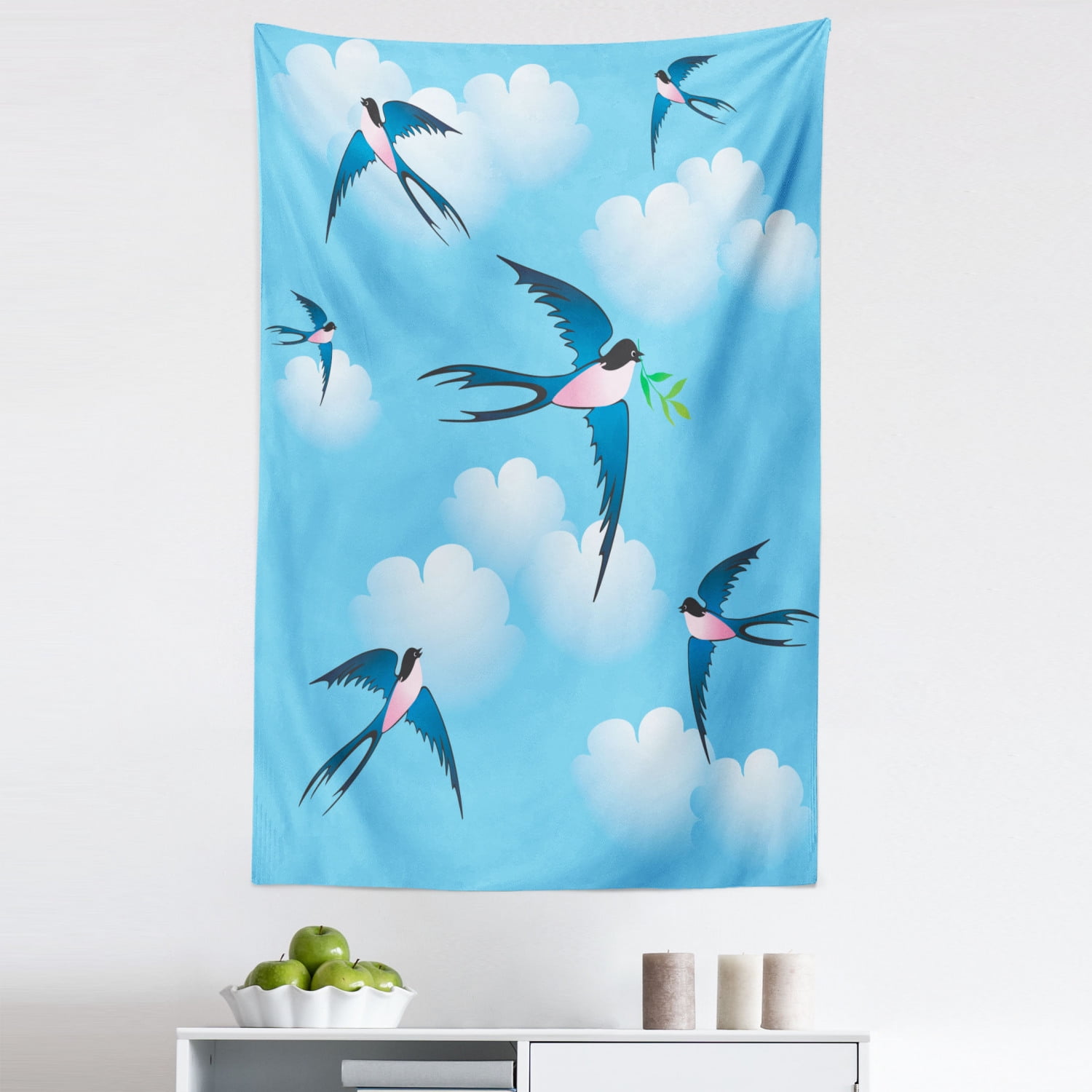 Birds Tapestry, Illustration of Blue Swallow Bird Among the Clouds ...