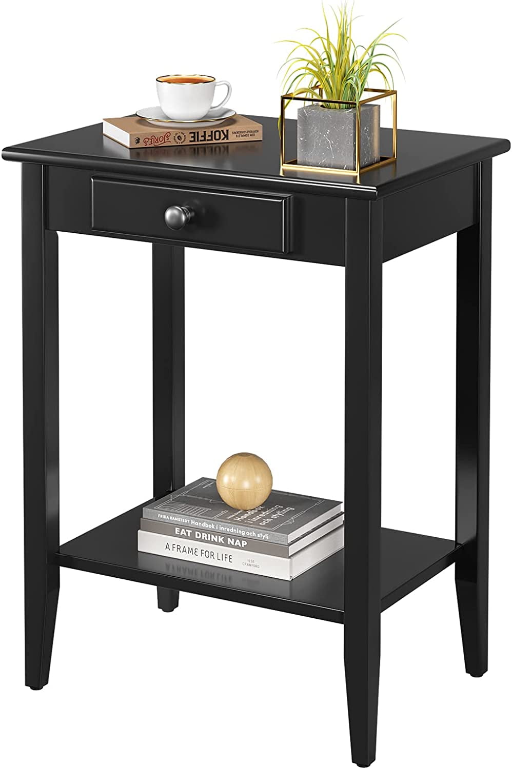 Black Side Table Small End Table with Drawer Narrow Nursery Bedside ...