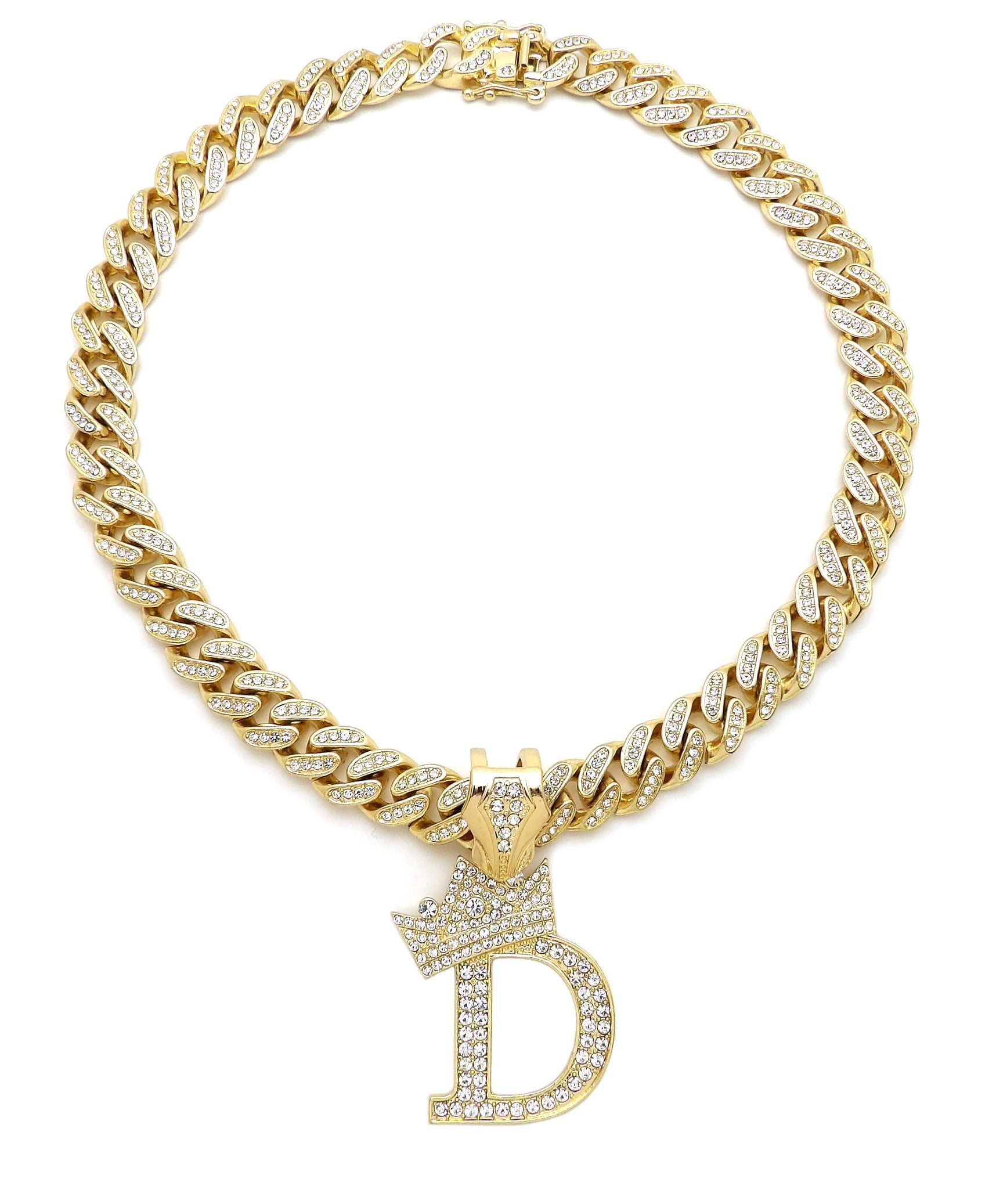 Stone Stud Crowned Initial Pendant with 12mm 18" Iced Out Miami Cuban ...