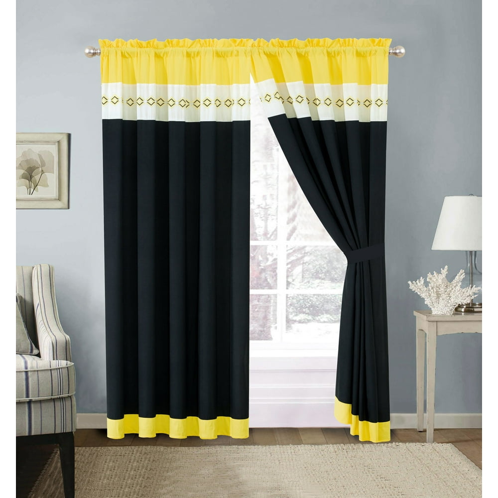 4-Pc Damen Diamond Embroidery Curtain Set Yellow Black Off-White ...