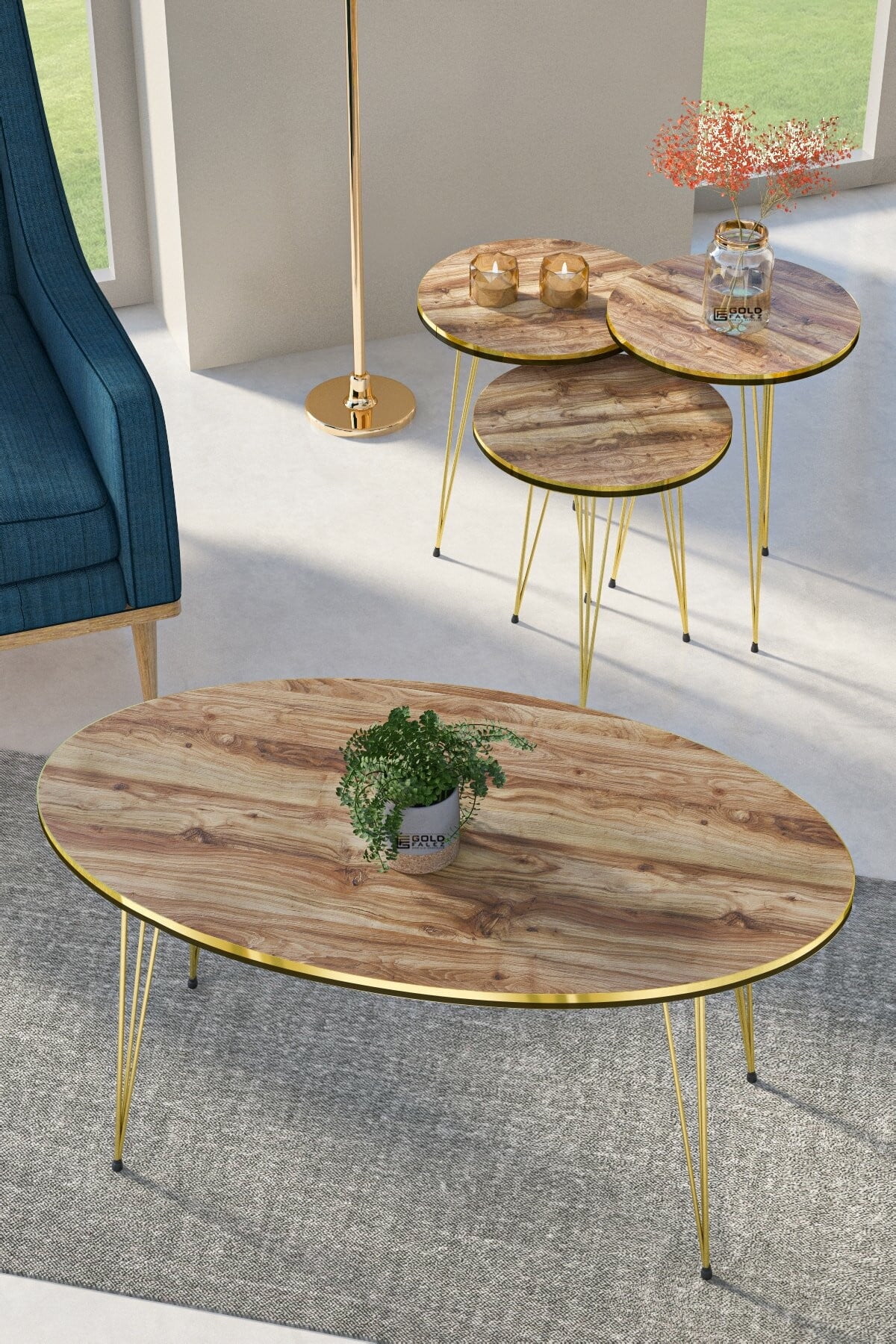Walnut Oval Coffee Table Set with 4 PCS,Set With 3 Modern Round Nesting ...