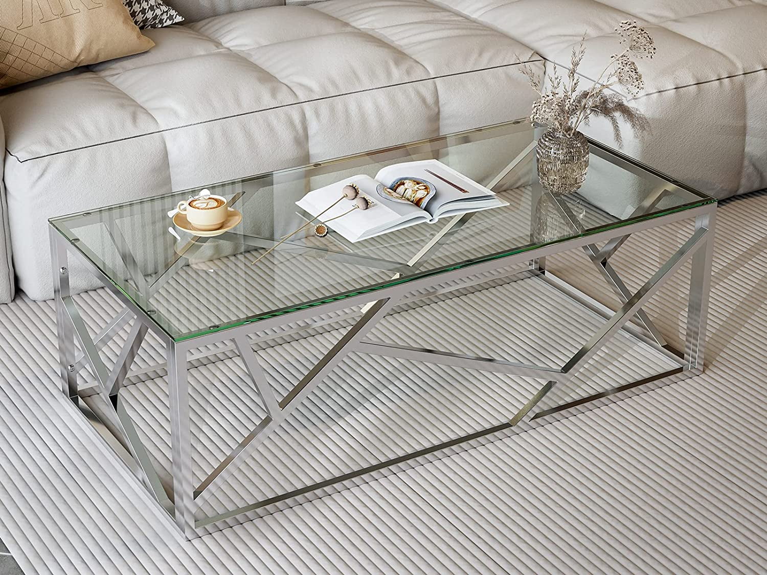 IKIFLY Glass Stainless Steel Coffee Table, Modern Rectangular Coffee ...