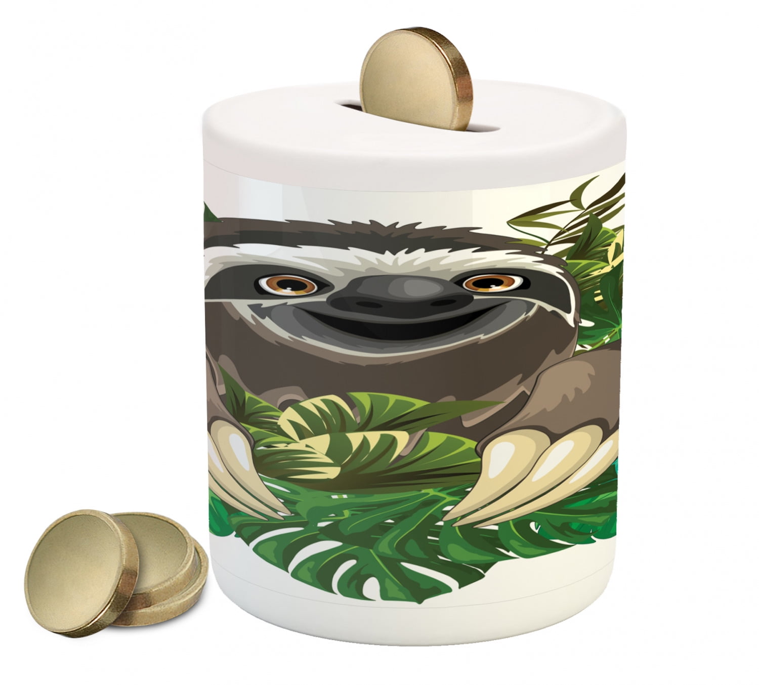 Sloth Piggy Bank, Cartoon Mammal on Tropical Jungle Green Banana Leaves ...