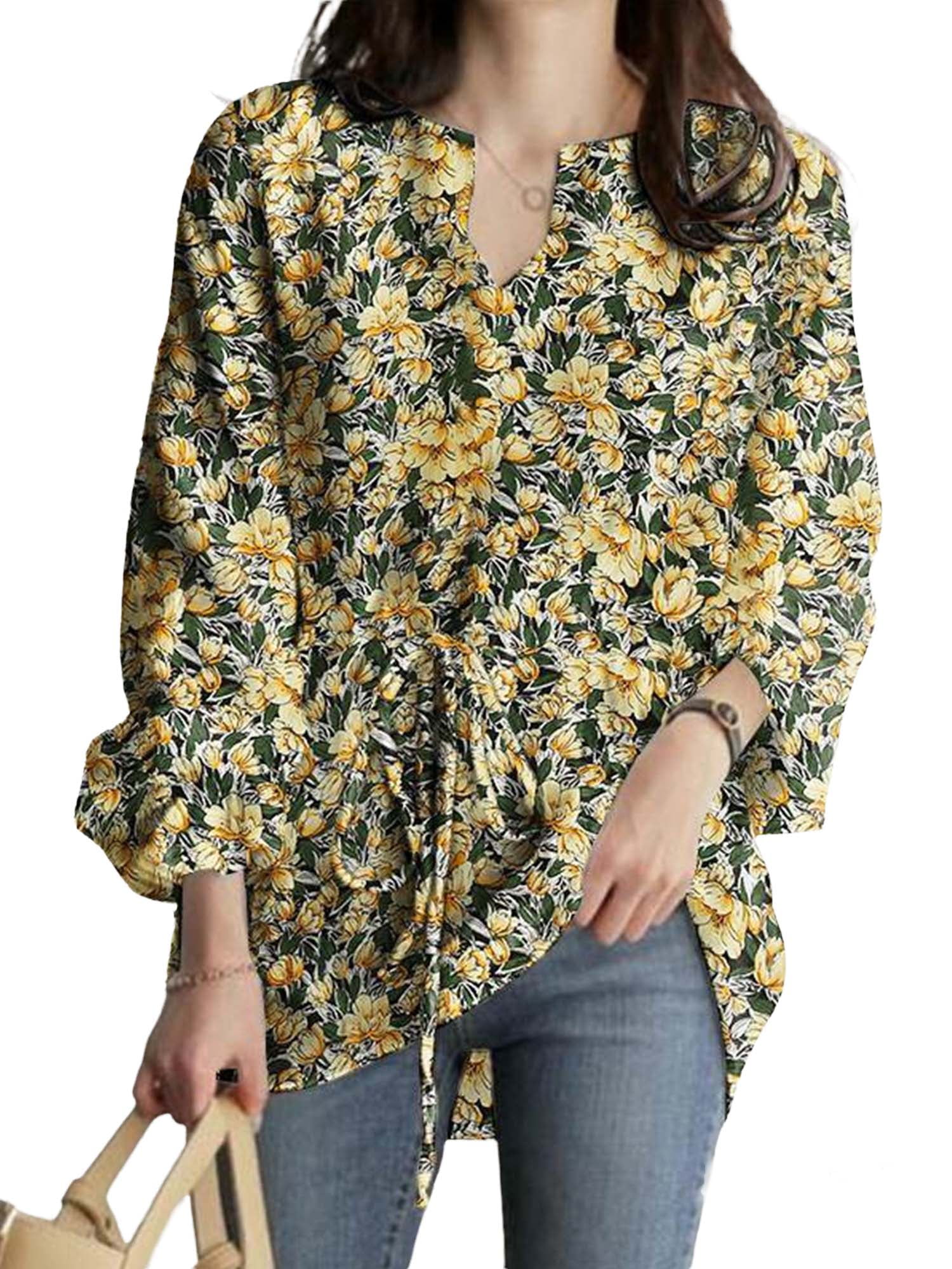 Julycc Plus Size Women Floral Shirt Tops Long Sleeve V Neck Casual ...