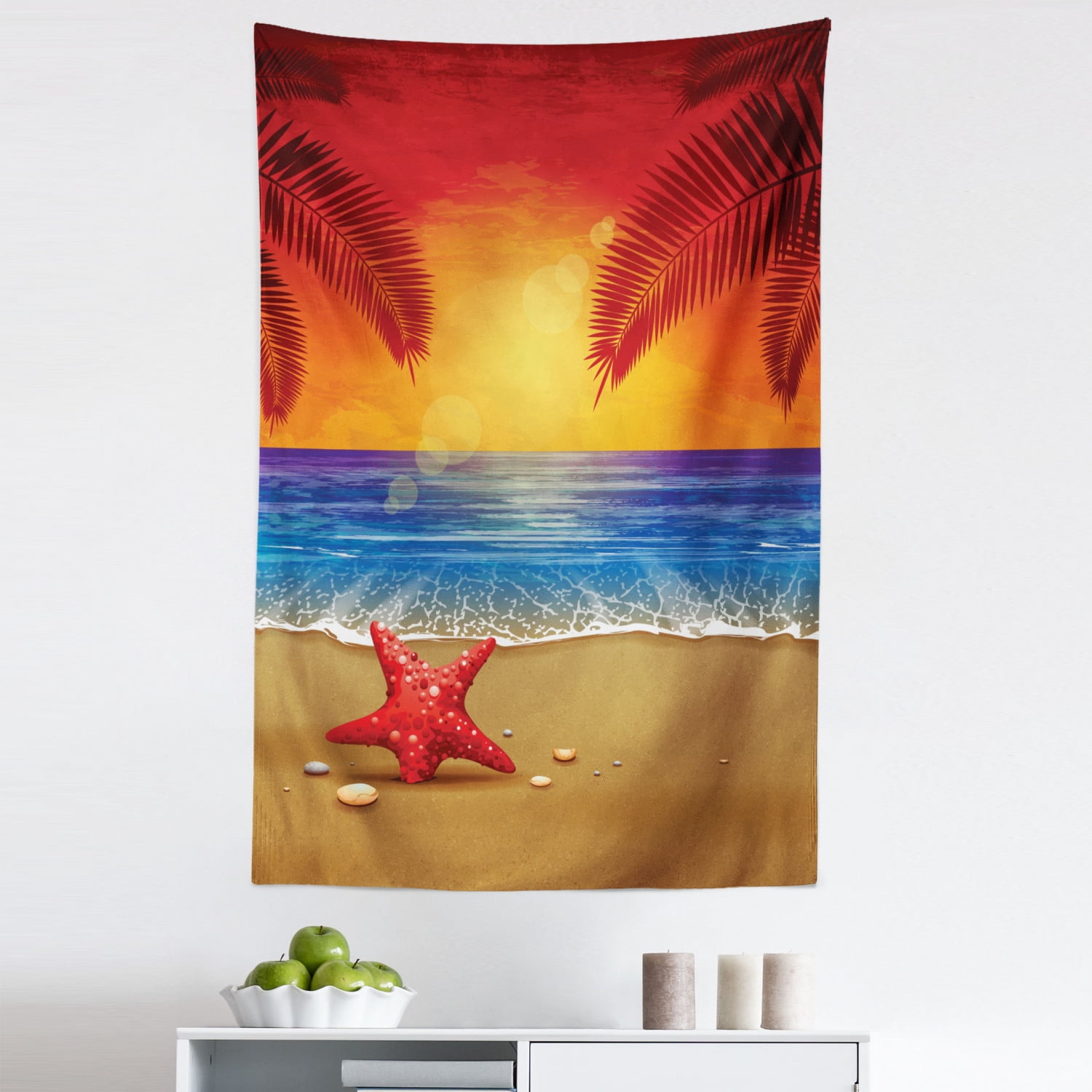 Summer Tapestry, Sunset Cartoon Illustration Beach Summer Starfish Palm ...