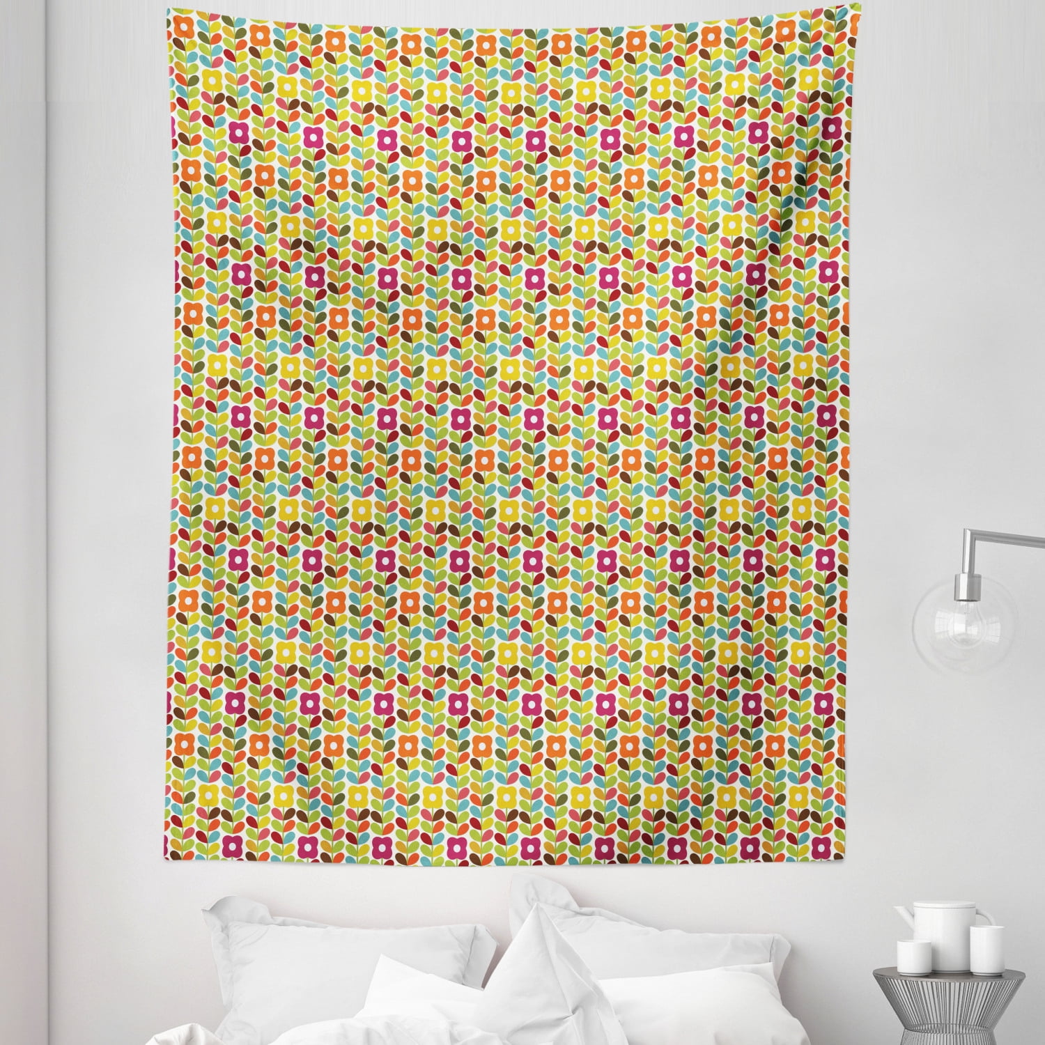 Colorful Tapestry, Scandinavian Leaves and Flowers Pattern with Rainbow ...