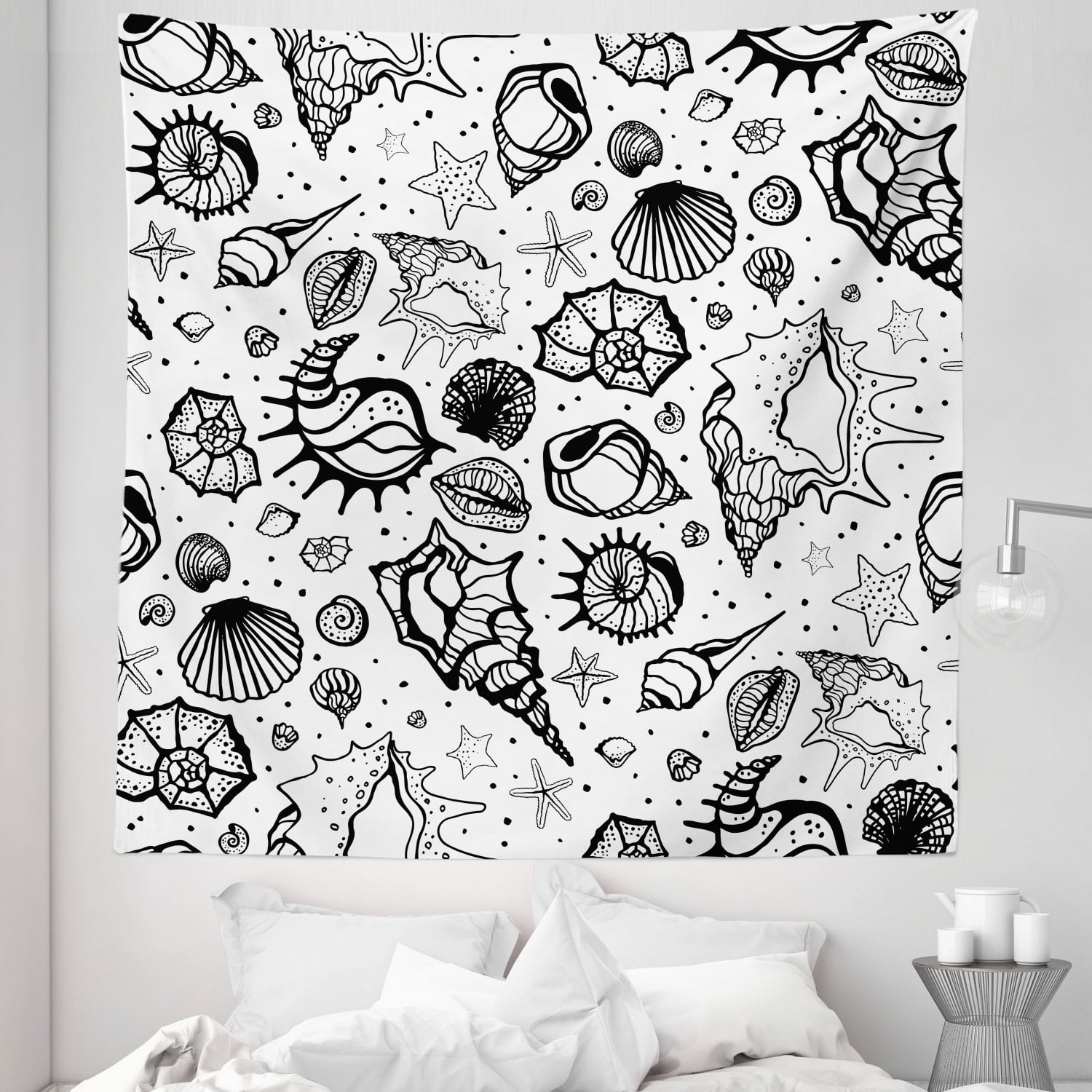 Sea Shells Tapestry, Hand Drawn Monochrome Aquatic Elements with Dotted ...