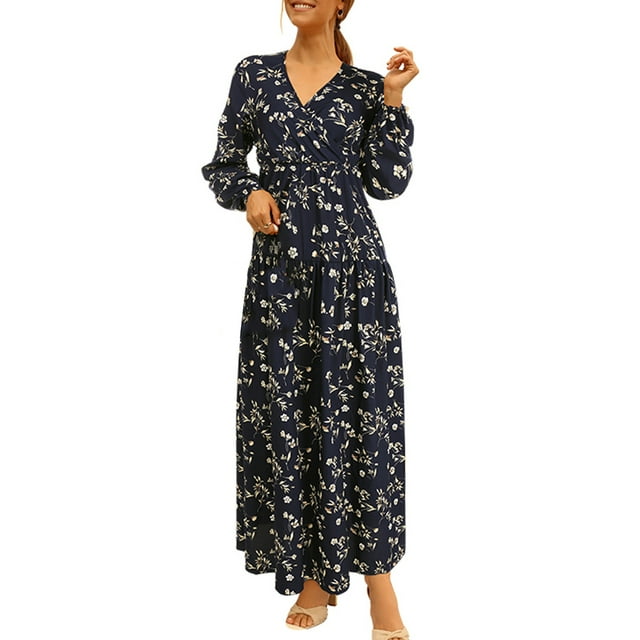 Seyurigaoka Women Big Hem Long Skirt, Floral Printed Pattern V-neck ...