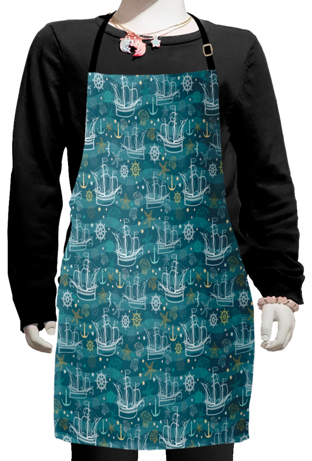 Nautical Kids Apron, Pattern of Outline Big Ships and Marine Elements ...