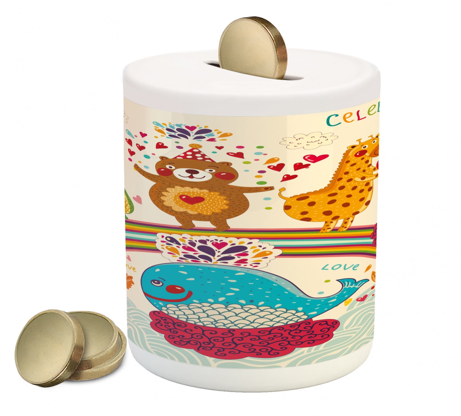 Birthday Party Piggy Bank, Hand Drawn Style Tropical Wild Animals and ...